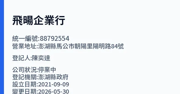 飛暘企業行的照片-統編 88792554(澎湖縣) 公司登記資料與營業項目詳細圖表