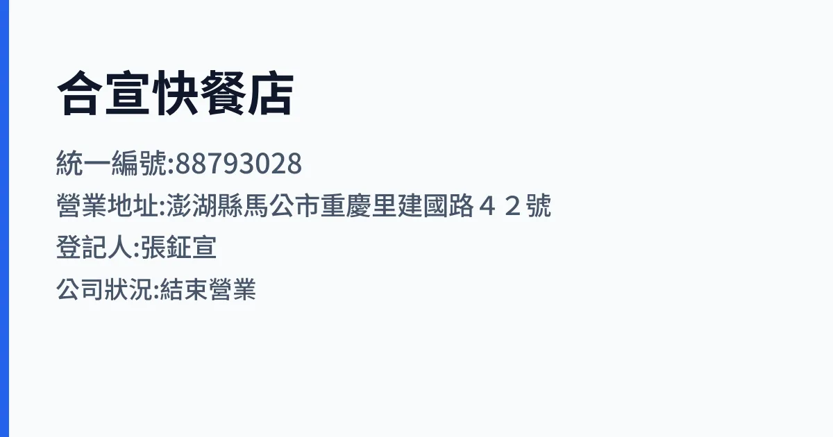 合宣快餐店 - 統編 88793028(澎湖縣) 公司登記資料與營業項目詳細圖表
