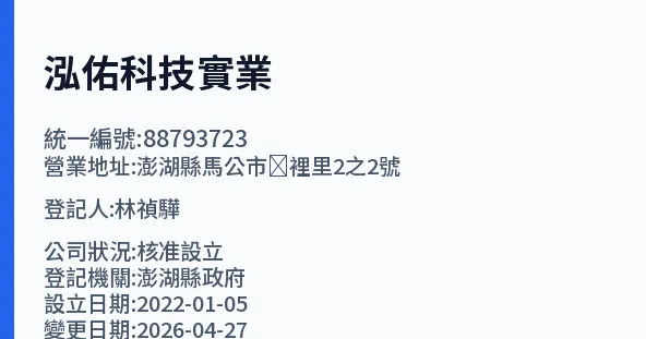 泓佑科技實業的照片-統編 88793723(澎湖縣) 公司登記資料與營業項目詳細圖表