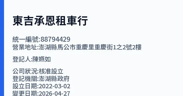 東吉承恩租車行的照片-統編 88794429(澎湖縣) 公司登記資料與營業項目詳細圖表
