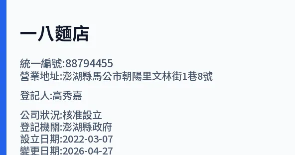 一八麵店的照片-統編 88794455(澎湖縣) 公司登記資料與營業項目詳細圖表