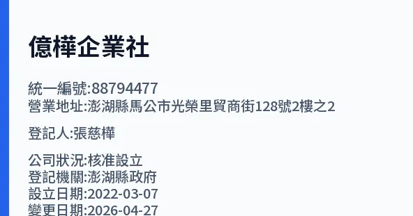 億樺企業社的照片-統編 88794477(澎湖縣) 公司登記資料與營業項目詳細圖表