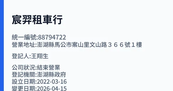 宸羿租車行的照片-統編 88794722(澎湖縣) 公司登記資料與營業項目詳細圖表