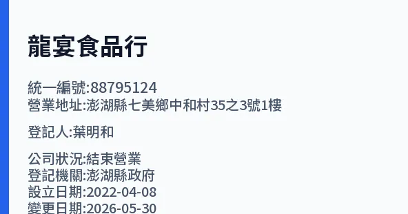 龍宴食品行的照片-統編 88795124(澎湖縣) 公司登記資料與營業項目詳細圖表