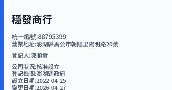 穩發商行的照片-統編 88795399(澎湖縣) 公司登記資料與營業項目詳細圖表