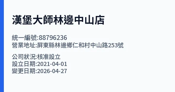 漢堡大師林邊中山店的照片-統編 88796236(屏東縣) 公司登記資料與營業項目詳細圖表