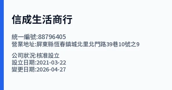 信成生活商行的照片-統編 88796405(屏東縣) 公司登記資料與營業項目詳細圖表