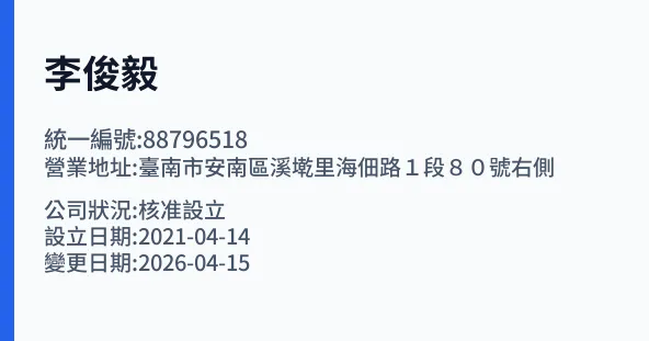 李俊毅的照片-統編 88796518(臺南市) 公司登記資料與營業項目詳細圖表