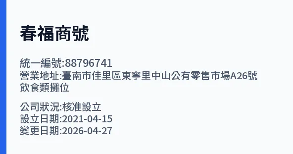 春福商號的照片-統編 88796741(臺南市) 公司登記資料與營業項目詳細圖表
