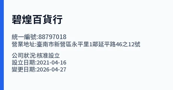 碧煌百貨行的照片-統編 88797018(臺南市) 公司登記資料與營業項目詳細圖表