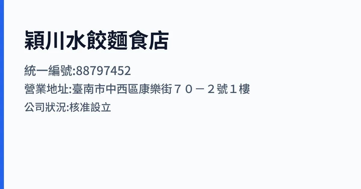 穎川水餃麵食店 - 統編 88797452(臺南市) 公司登記資料與營業項目詳細圖表