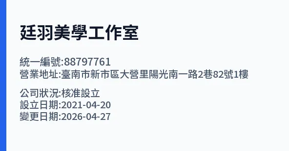 廷羽美學工作室的照片-統編 88797761(臺南市) 公司登記資料與營業項目詳細圖表