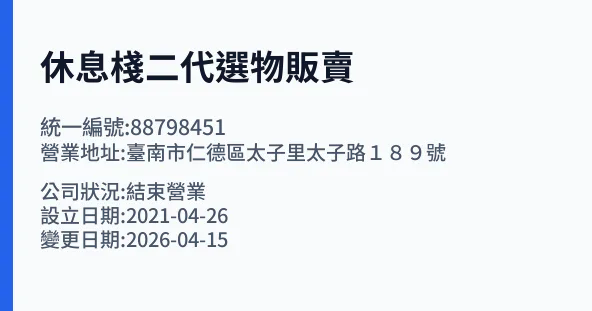 休息棧二代選物販賣的照片-統編 88798451(臺南市) 公司登記資料與營業項目詳細圖表