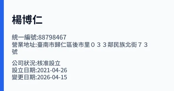 楊博仁的照片-統編 88798467(臺南市) 公司登記資料與營業項目詳細圖表