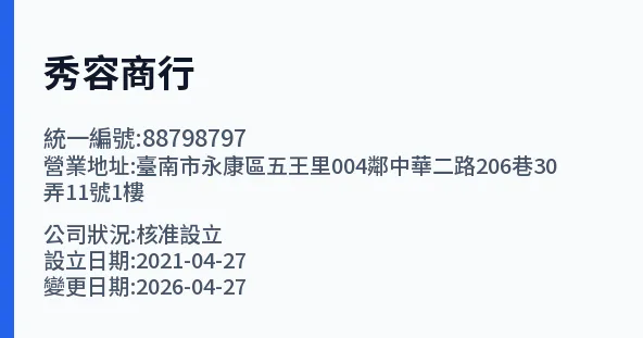 秀容商行的照片-統編 88798797(臺南市) 公司登記資料與營業項目詳細圖表