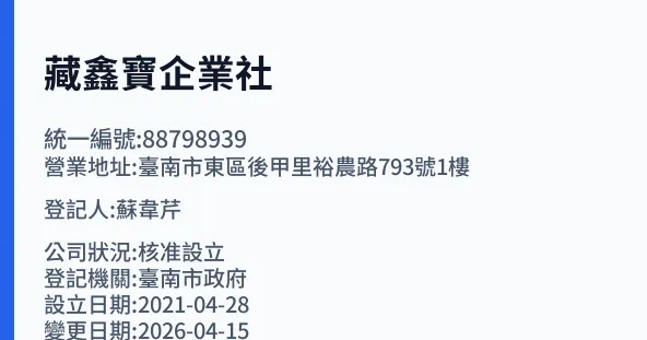 藏鑫寶企業社的照片-統編 88798939(臺南市) 公司登記資料與營業項目詳細圖表