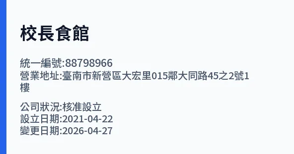 校長食館的照片-統編 88798966(臺南市) 公司登記資料與營業項目詳細圖表