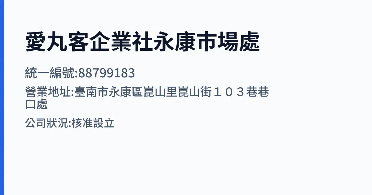 愛丸客企業社永康巿場處 - 統編 88799183(臺南市) 公司登記資料與營業項目詳細圖表