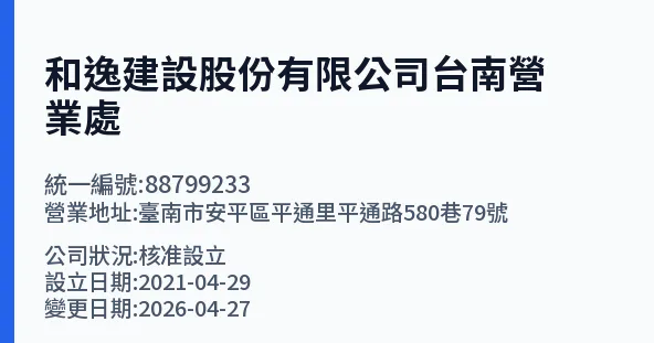 和逸建設股份有限公司台南營業處的照片-統編 88799233(臺南市) 公司登記資料與營業項目詳細圖表