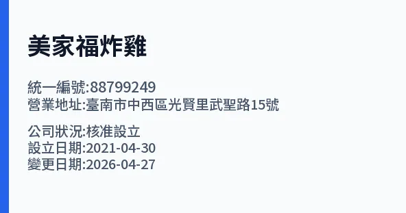 美家福炸雞的照片-統編 88799249(臺南市) 公司登記資料與營業項目詳細圖表