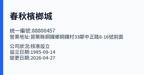 春秋檳榔城的照片-統編 88800457(苗栗縣) 公司登記資料與營業項目詳細圖表