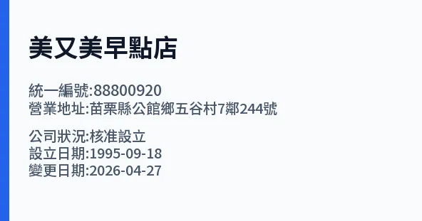 美又美早點店的照片-統編 88800920(苗栗縣) 公司登記資料與營業項目詳細圖表