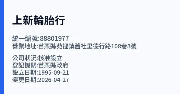 上新輪胎行的照片-統編 88801977(苗栗縣) 公司登記資料與營業項目詳細圖表