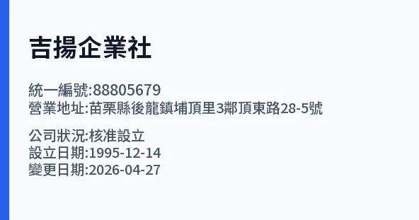 吉揚企業社的照片-統編 88805679(苗栗縣) 公司登記資料與營業項目詳細圖表