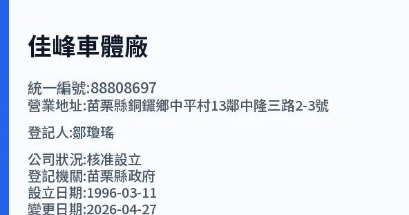 佳峰車體廠的照片-統編 88808697(苗栗縣) 公司登記資料與營業項目詳細圖表