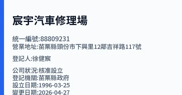 宸宇汽車修理場的照片-統編 88809231(苗栗縣) 公司登記資料與營業項目詳細圖表