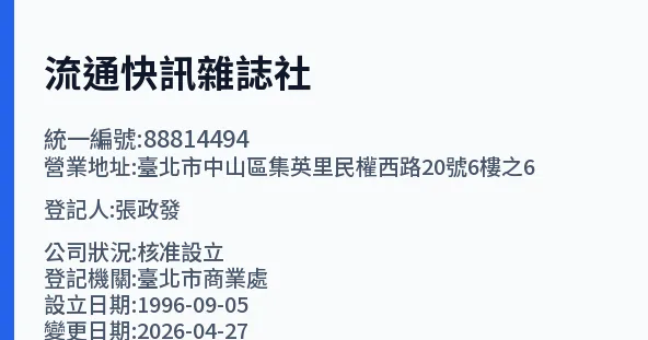 流通快訊雜誌社的照片-統編 88814494(臺北市) 公司登記資料與營業項目詳細圖表