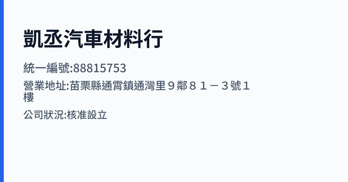 凱丞汽車材料行 - 統編 88815753(苗栗縣) 公司登記資料與營業項目詳細圖表