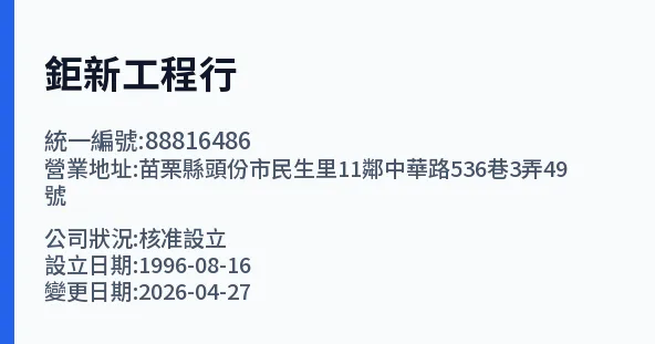 鉅新工程行的照片-統編 88816486(苗栗縣) 公司登記資料與營業項目詳細圖表