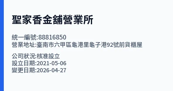 聖家香金舖營業所的照片-統編 88816850(臺南市) 公司登記資料與營業項目詳細圖表