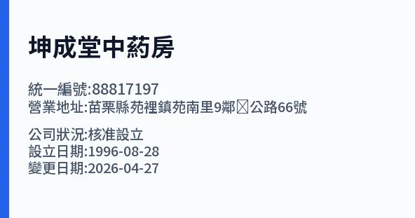 坤成堂中葯房的照片-統編 88817197(苗栗縣) 公司登記資料與營業項目詳細圖表