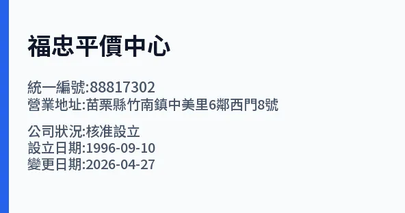 福忠平價中心的照片-統編 88817302(苗栗縣) 公司登記資料與營業項目詳細圖表