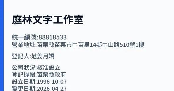 庭林文字工作室的照片-統編 88818533(苗栗縣) 公司登記資料與營業項目詳細圖表