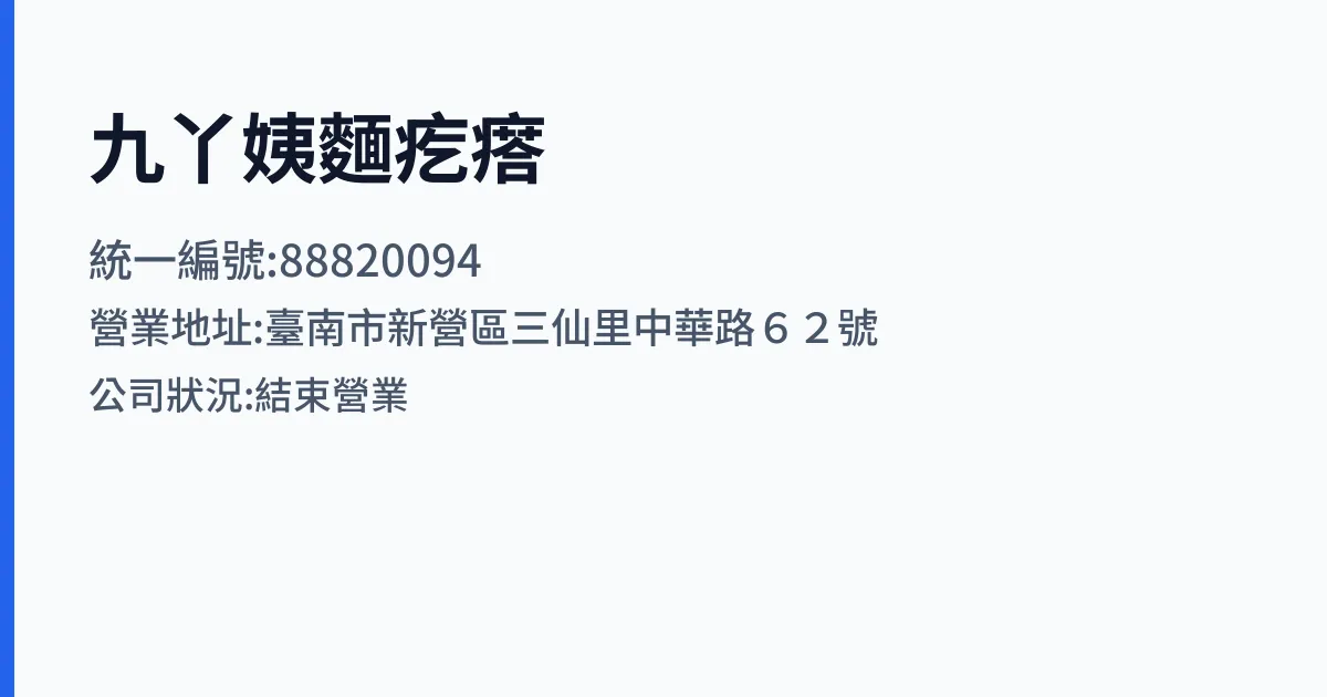 九丫姨麵疙瘩 - 統編 88820094(臺南市) 公司登記資料與營業項目詳細圖表
