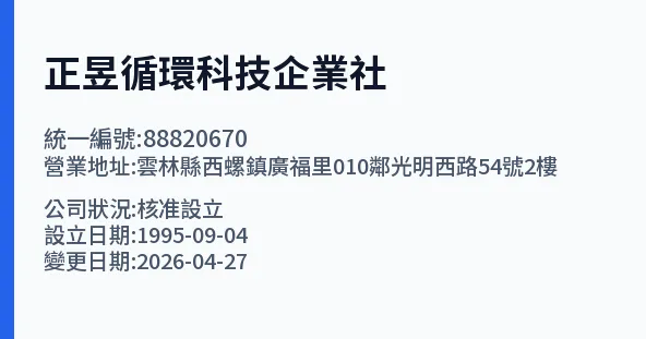 正昱循環科技企業社的照片-統編 88820670(雲林縣) 公司登記資料與營業項目詳細圖表