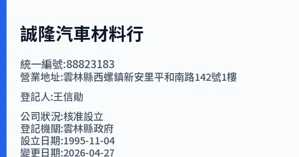 誠隆汽車材料行的照片-統編 88823183(雲林縣) 公司登記資料與營業項目詳細圖表