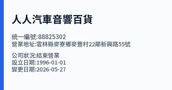 人人汽車音響百貨的照片-統編 88825302(雲林縣) 公司登記資料與營業項目詳細圖表