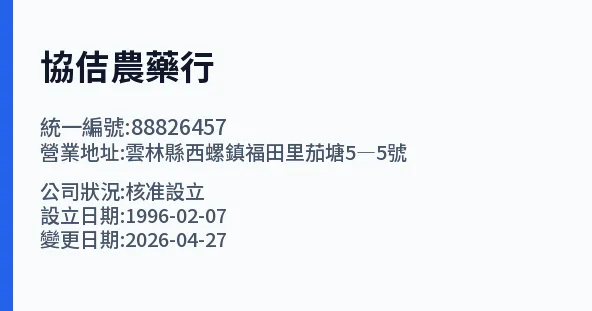 協佶農藥行的照片-統編 88826457(雲林縣) 公司登記資料與營業項目詳細圖表