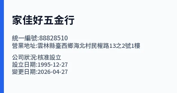 家佳好五金行的照片-統編 88828510(雲林縣) 公司登記資料與營業項目詳細圖表