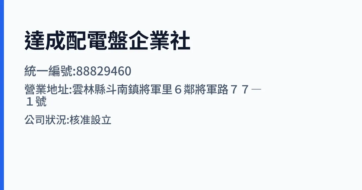 達成配電盤企業社 - 統編 88829460(雲林縣) 公司登記資料與營業項目詳細圖表