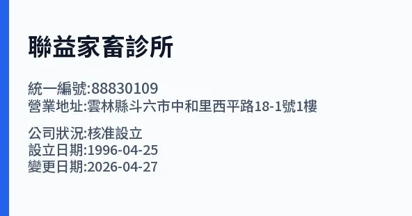 聯益家畜診所的照片-統編 88830109(雲林縣) 公司登記資料與營業項目詳細圖表