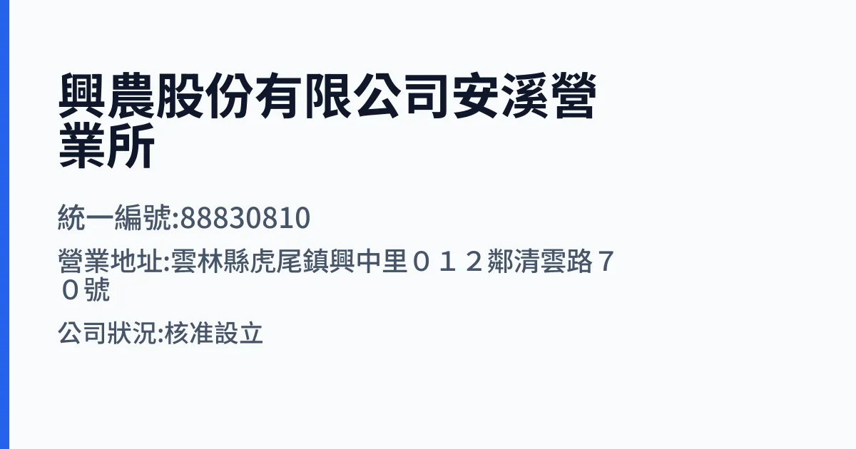 興農股份有限公司安溪營業所 - 統編 88830810(雲林縣) 公司登記資料與營業項目詳細圖表
