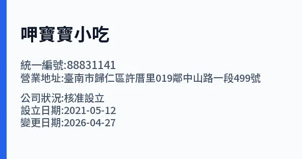 呷寶寶小吃的照片-統編 88831141(臺南市) 公司登記資料與營業項目詳細圖表
