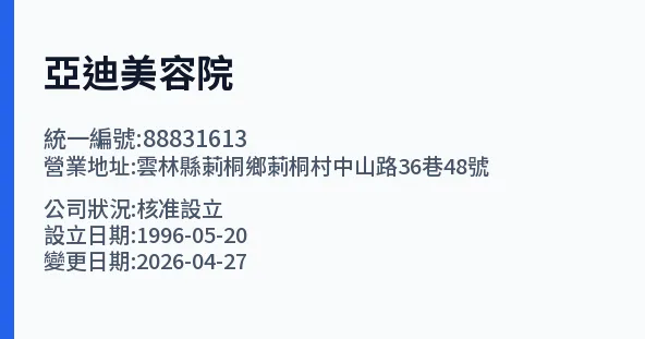 亞迪美容院的照片-統編 88831613(雲林縣) 公司登記資料與營業項目詳細圖表