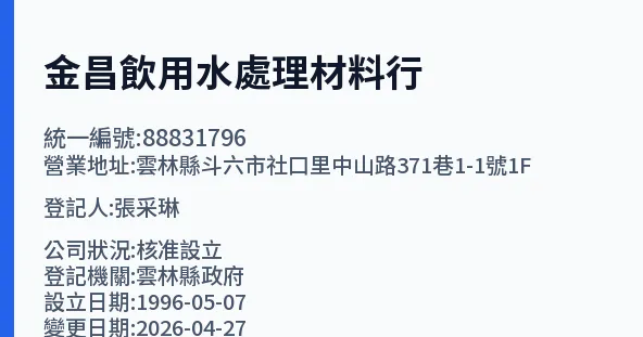 金昌飲用水處理材料行的照片-統編 88831796(雲林縣) 公司登記資料與營業項目詳細圖表