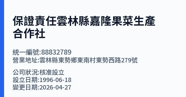 保證責任雲林縣嘉隆果菜生產合作社的照片-統編 88832789(雲林縣) 公司登記資料與營業項目詳細圖表